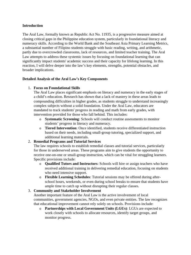 aral law | PDF | Mentorship | Literacy