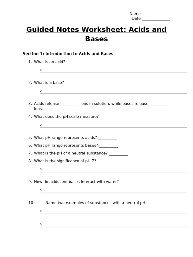 Guided Notes Worksheet | PDF | Acid | Ph