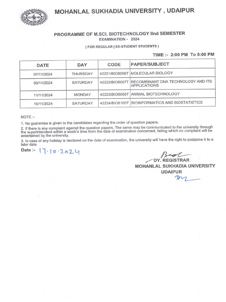 Time Table of M.SCI. Biotechnology IInd Semester Examination 2024 (For Regular, Ex-Student) | PDF
