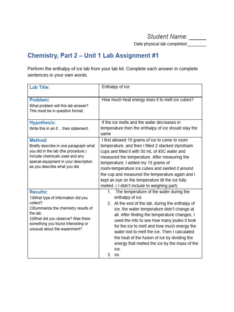 Chem - Pt2-Unit1 Lab - Enthalpy of Ice | PDF | Heat | Ice