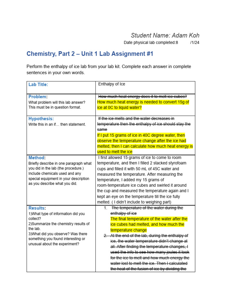 Adam Koh Chem - Pt2-Unit1 Lab - Enthalpy of Ice | PDF | Heat | Ice