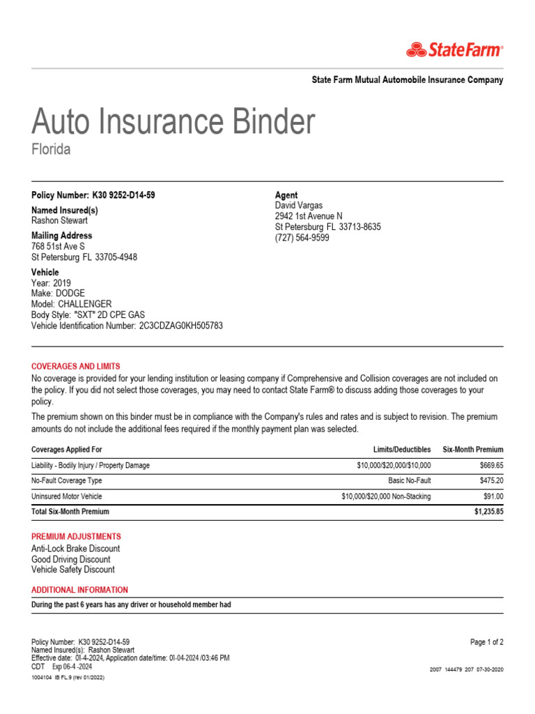 Binder Stewart | PDF | Insurance | Vehicle Insurance