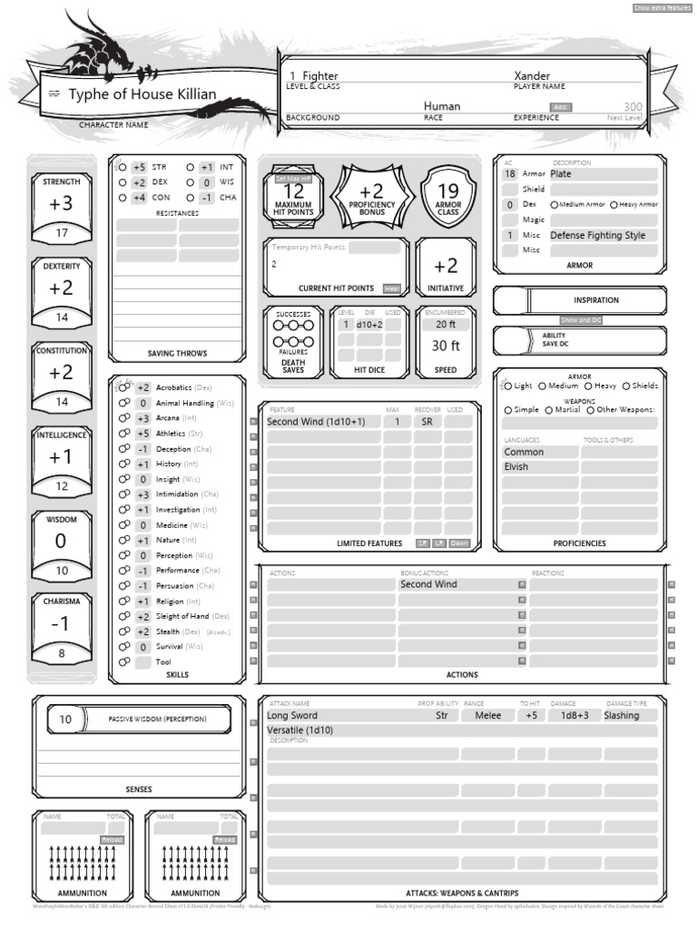Character Sheet for Typhe, Fighter | PDF | Dungeons & Dragons | Role ...
