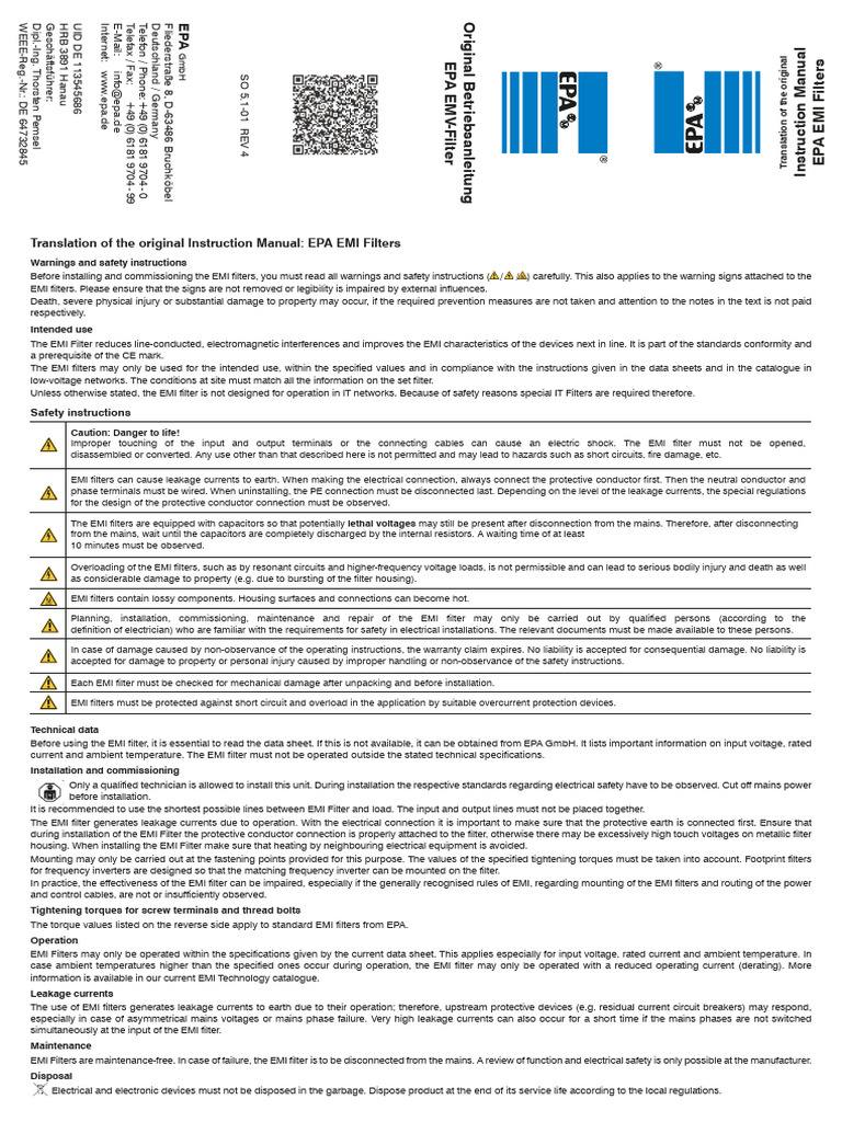 EPA RFI Filters Instruction Manual | PDF | Electromagnetic Interference ...