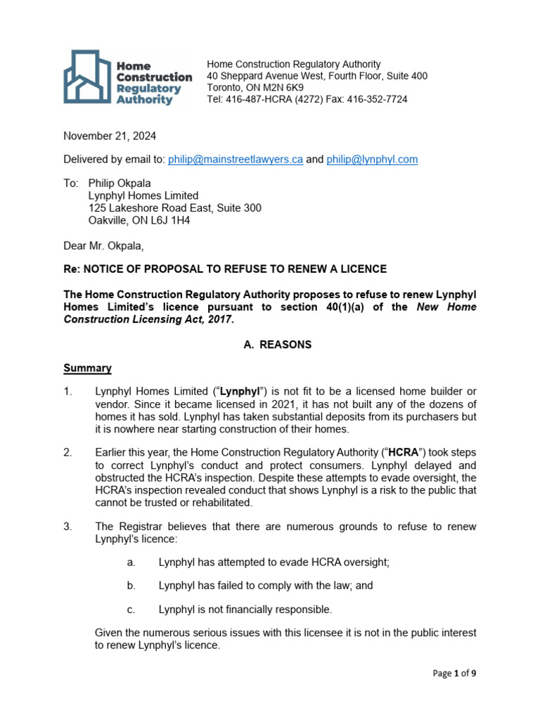 HCRA Revocation of Licence To Lynphyl Homes | PDF | License | Justice