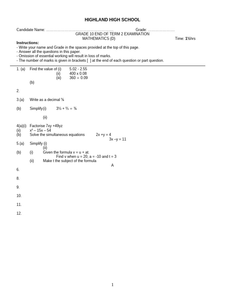 Grade 10 Maths Test 3 | PDF