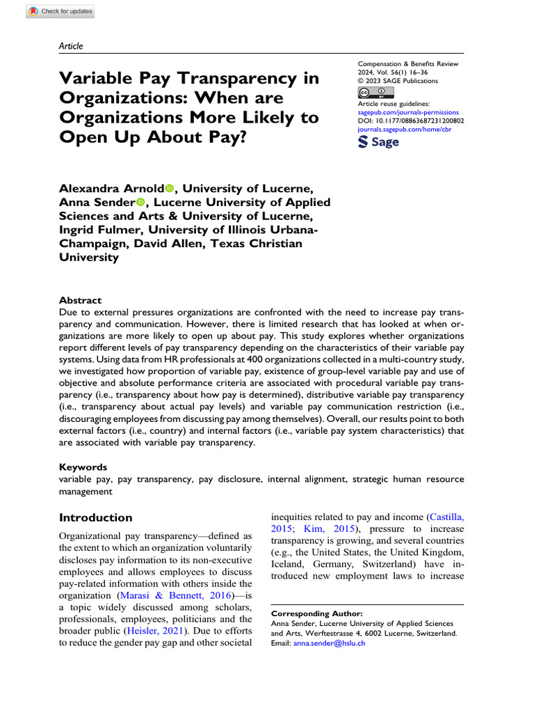 Arnold Et Al 2023 Variable Pay Transparency in Organizations When Are Organizations More Likely ...