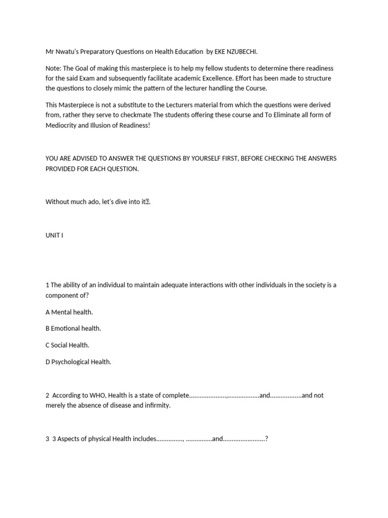 Health Education Exam Prep Questions | PDF | Attitude (Psychology ...