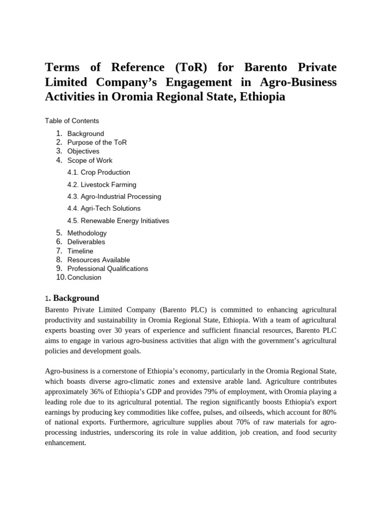 Terms of Reference ToR For Barento Private Limited Company's Engagement ...