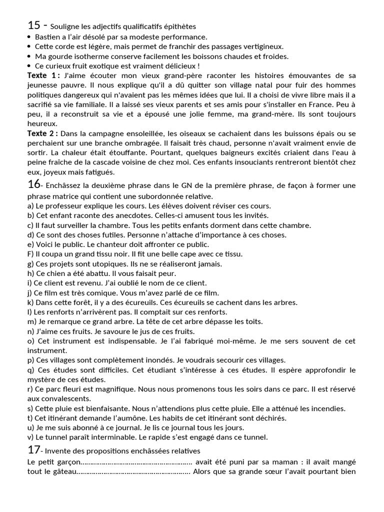 Exercices de grammaire française : adjectifs et subordonnées | PDF ...