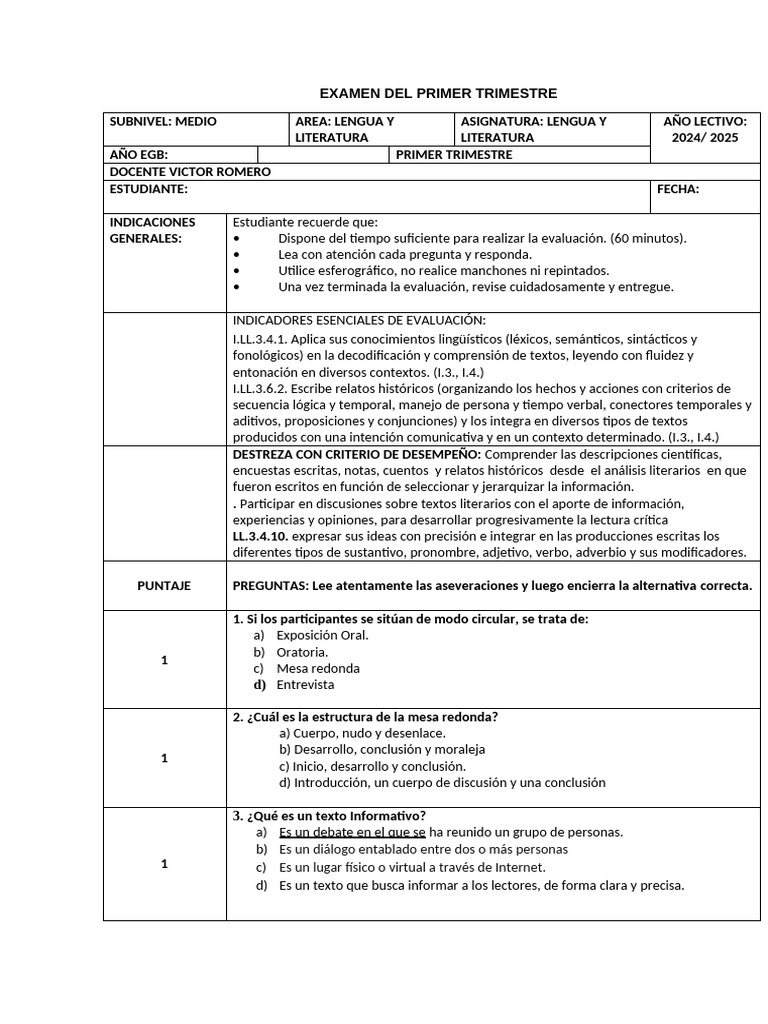 Evaluación Del Primer Trimestre Pdf Plantas Importar