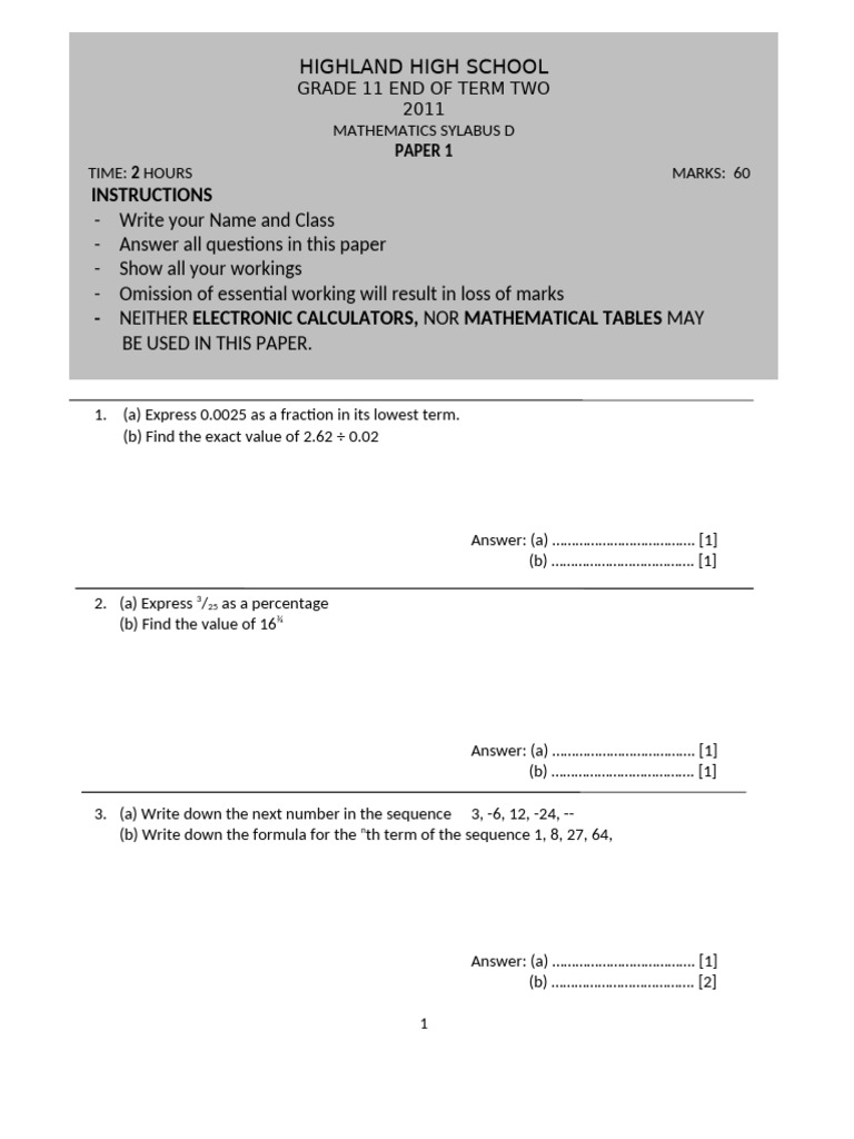 2011 - Grade 11 Maths Mock Examination | PDF | Area | Elementary Geometry