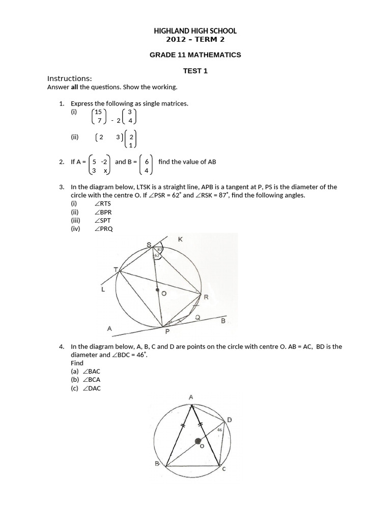 2012 - Grade 11 Term 2 Maths Test 1 | PDF