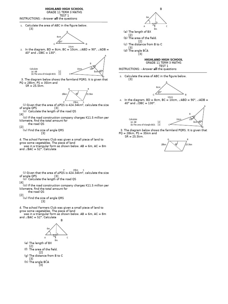 2012 - Grade 11 Term 3 Maths Test 1 | PDF | Elementary Geometry ...