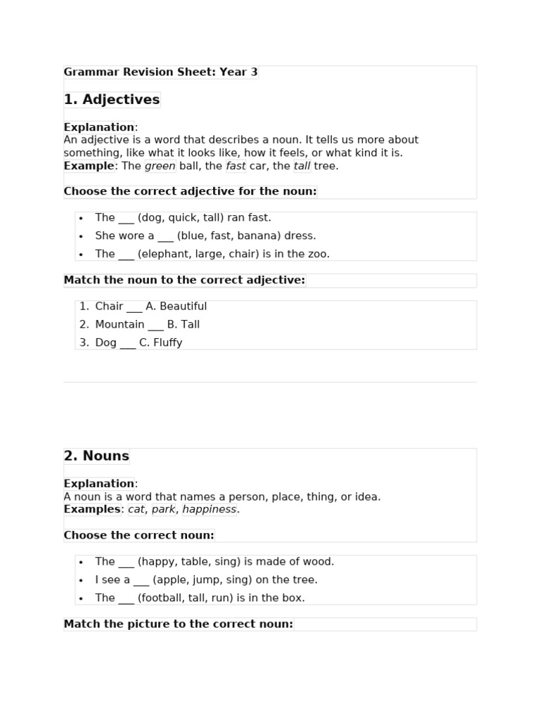 Grammar Revision Sheet | PDF | Noun | Adjective