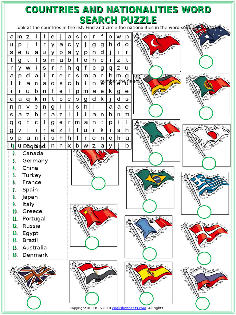 Countries and Nationalities Word Search | PDF