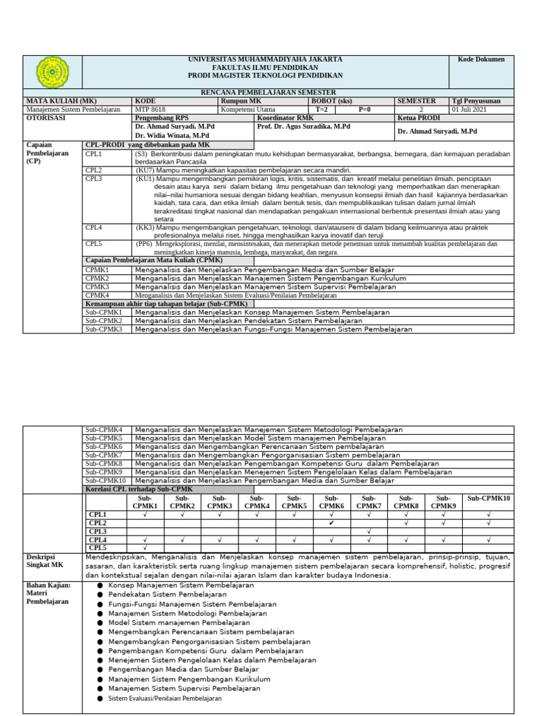 RPS - Manajemen Sistem Pembelajaran-Rev | PDF | Seni