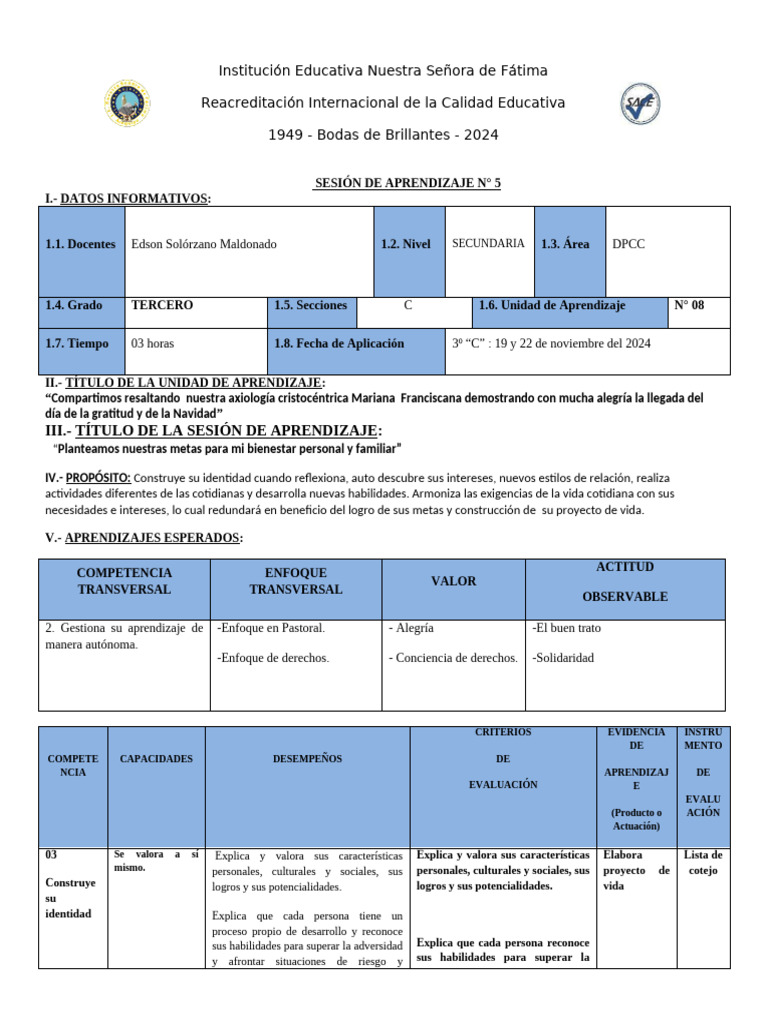 01 DPCC 3 IV Per. U.7 Sesiòn 04 | PDF | Evaluación | Aprendizaje