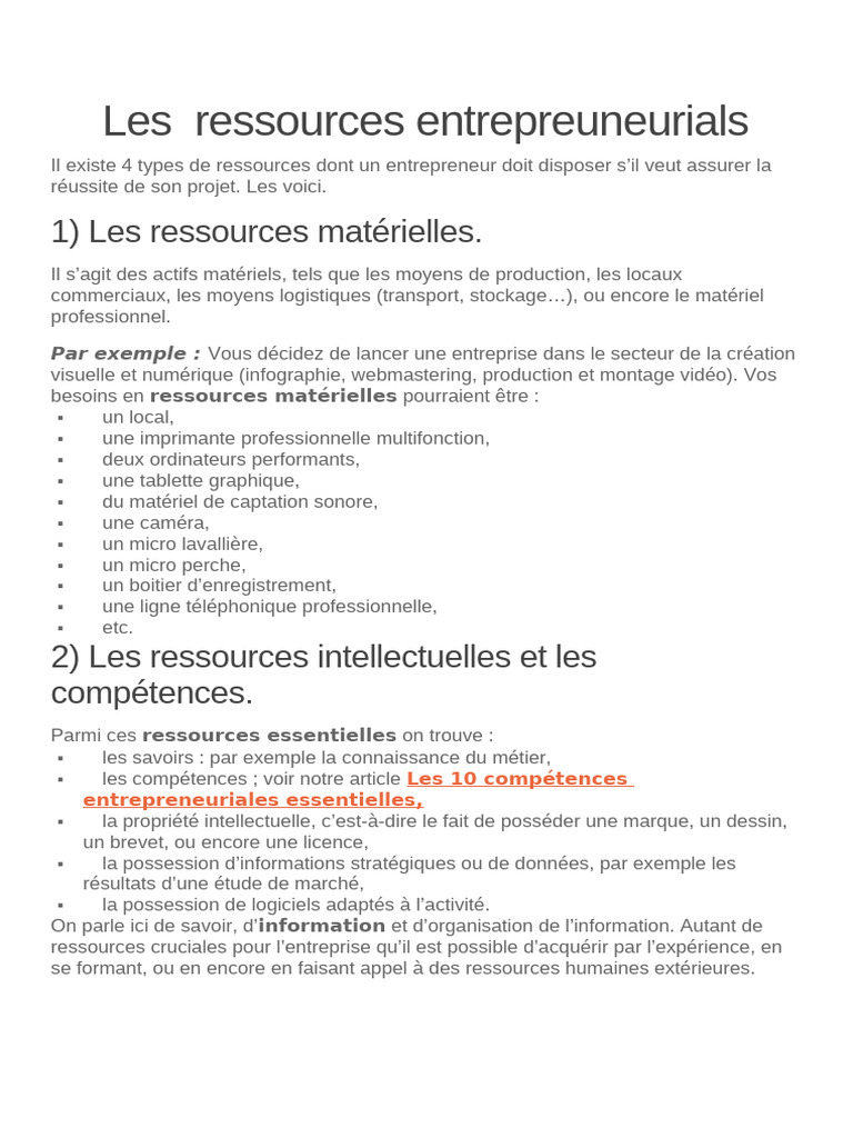 Types de ressources pour entrepreneurs | PDF | Business | Gestion des ...
