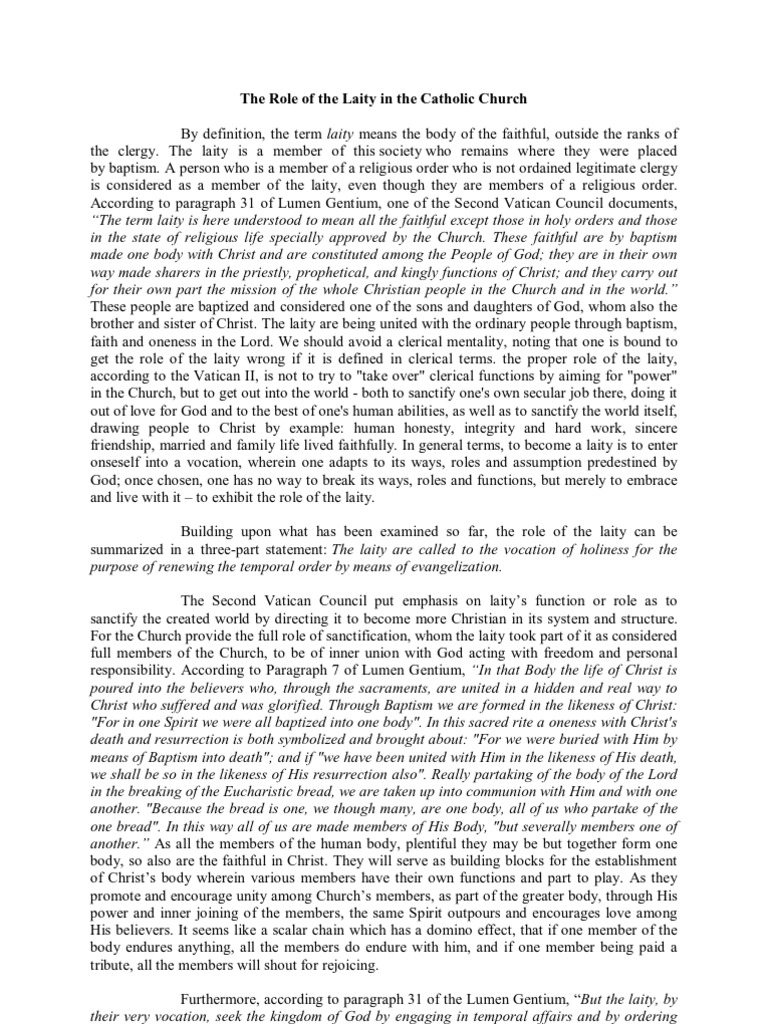 The Role of the Laity on the Catholic Church | Laity | Baptism