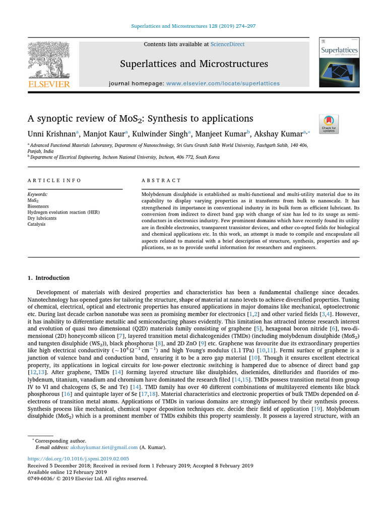 A Synoptic Review of MoS2 Synthesis To Applications | PDF | Chemical ...