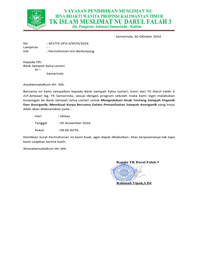 Permohonan Kunjungan ke Bank Sampah | PDF