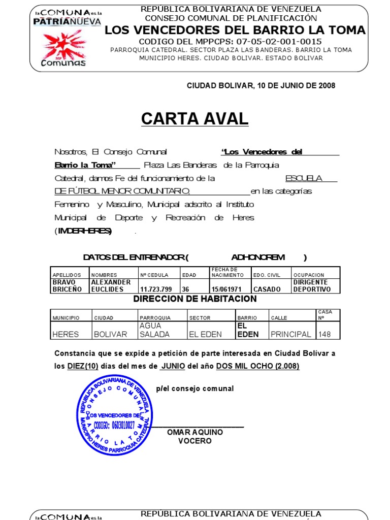 Consejo Comunal Formato Modelo Ejemplo Carta Aval | PDF | Blog | Gobierno
