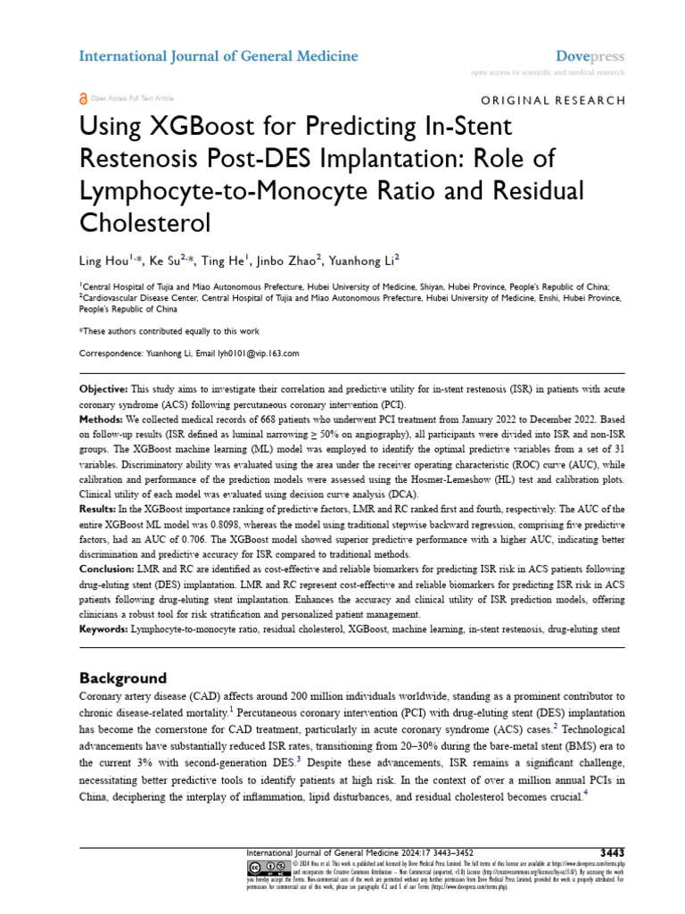 Using XGBoost For Predicting In-Stent Restenosis P | PDF | Lipoprotein | High Density Lipoprotein