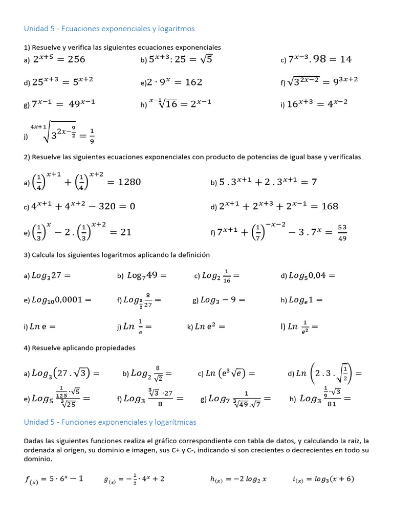 Unidad 5 - Ecuaciones Exponenciales y Logaritmos - Funciones | PDF | Logaritmo | Funcion exponencial