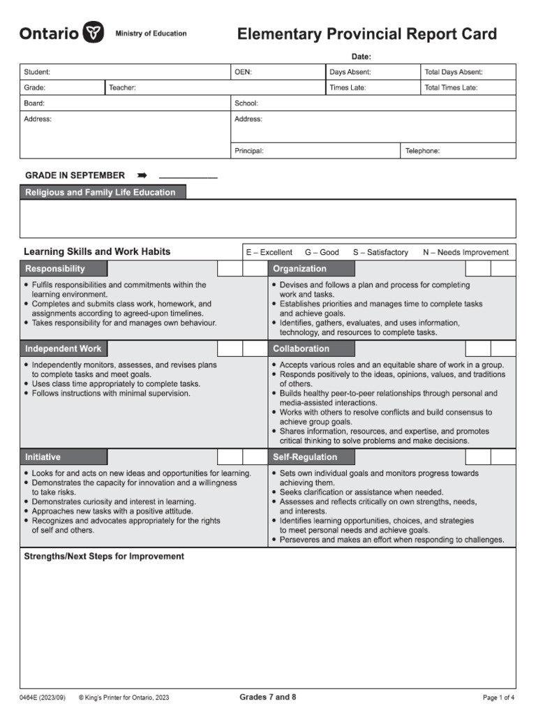 Ontario Elementary Report Card Template | PDF | English As A Second Or ...