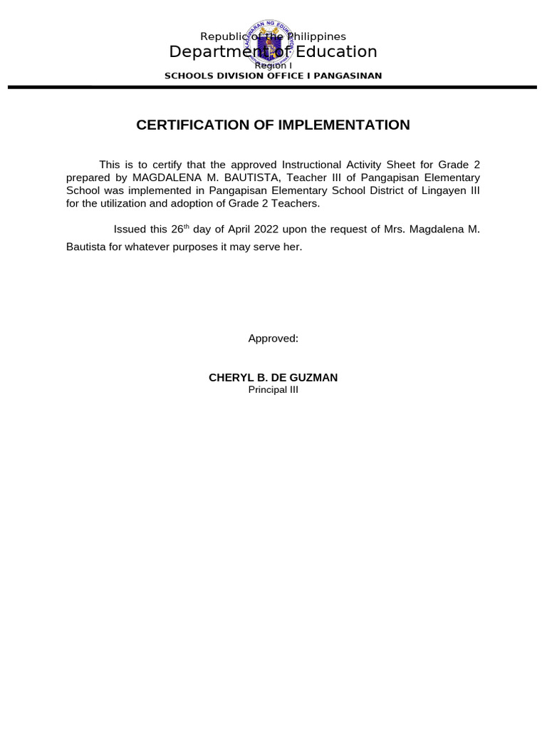 Magda-Ims-Certificate of Implementation | PDF