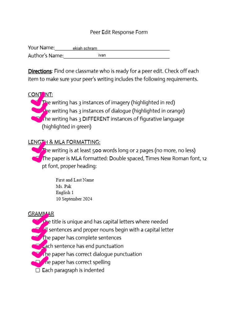 Ekiah Schram - Peer Edit Response Form | PDF