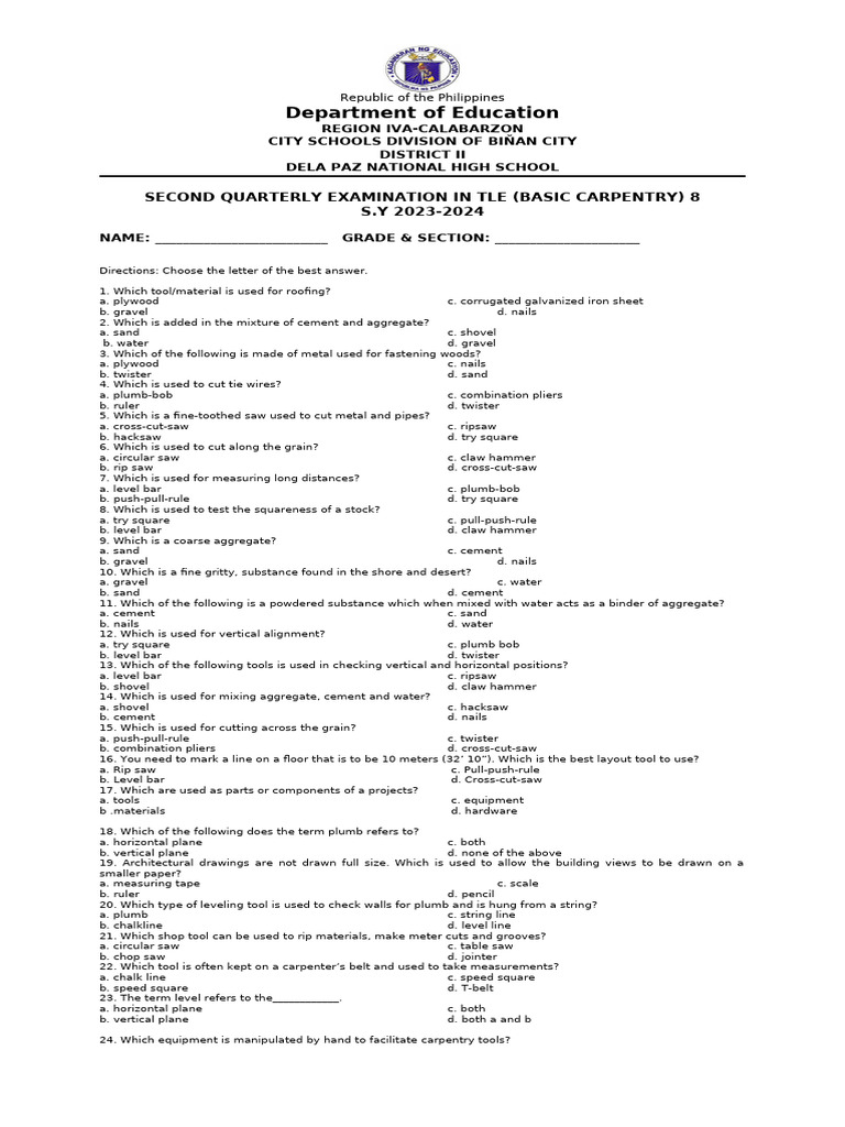 4TH EXAM CARPENTRY | PDF | Tools | Carpentry