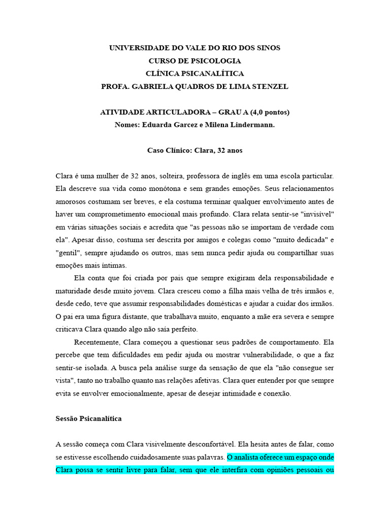 Caso Clínico: Clara e Suas Emoções | PDF | Sigmund Freud | Jacques Lacan