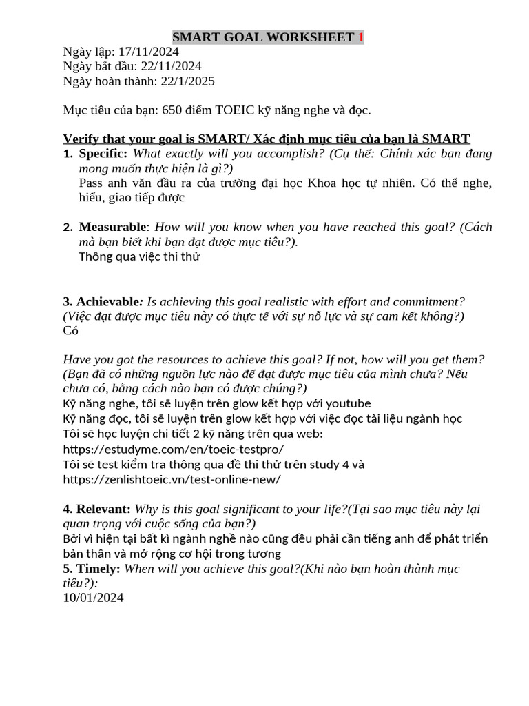 Smart Goal Worksheet Example | PDF