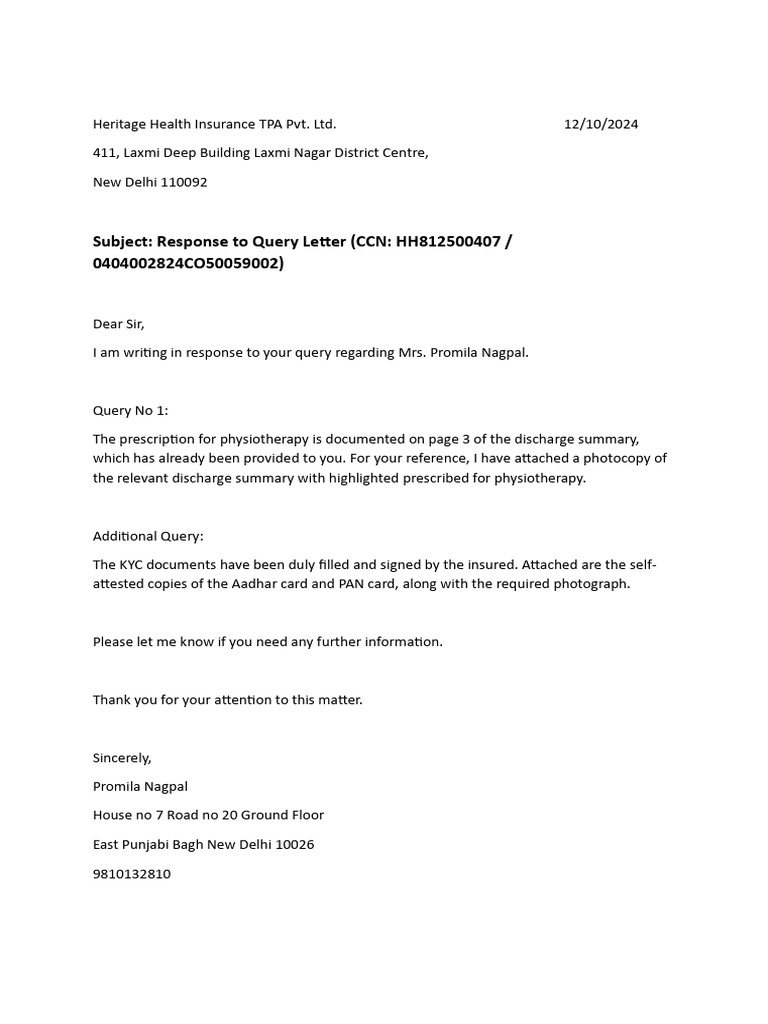 Response to Insurance Query for Mrs. Nagpal | PDF | Law