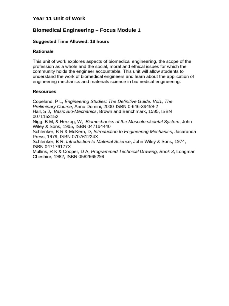 Engineering Studies Year 11 Sample Unit Biomedical Engineering | PDF | Engineering | Materials