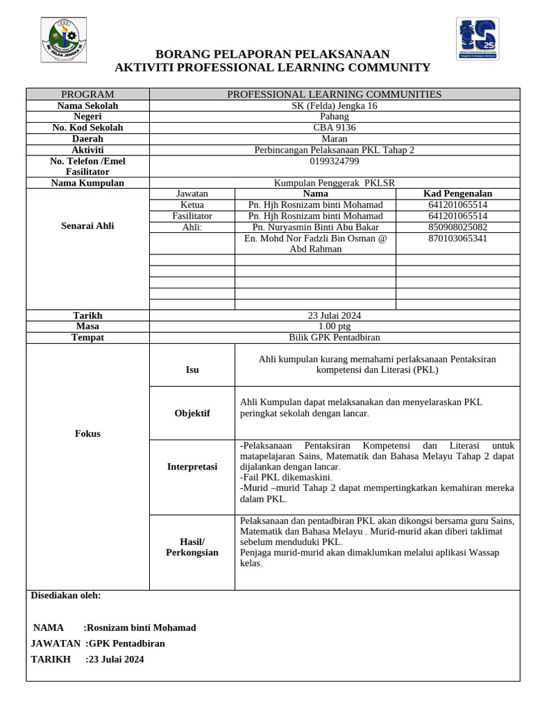 BORANG PELAPORAN PELAKSANAAN PLC | PDF