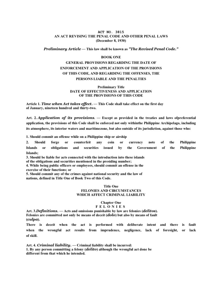 Revised Penal Code Articles 1-15 | PDF | Felony | Crime & Violence