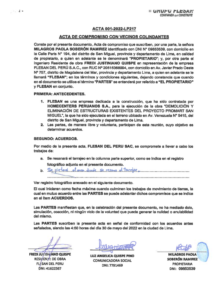 Acta 001 de Compromiso - Lote 194 | PDF