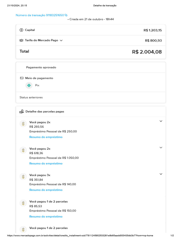 Exemplo de Recibo de Quitação de Empréstimo Mercado Pago | PDF ...