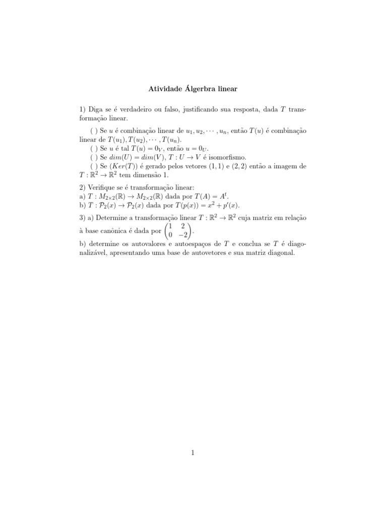 Atividade Algebra Linear | PDF | Métodos e Materiais de Ensino