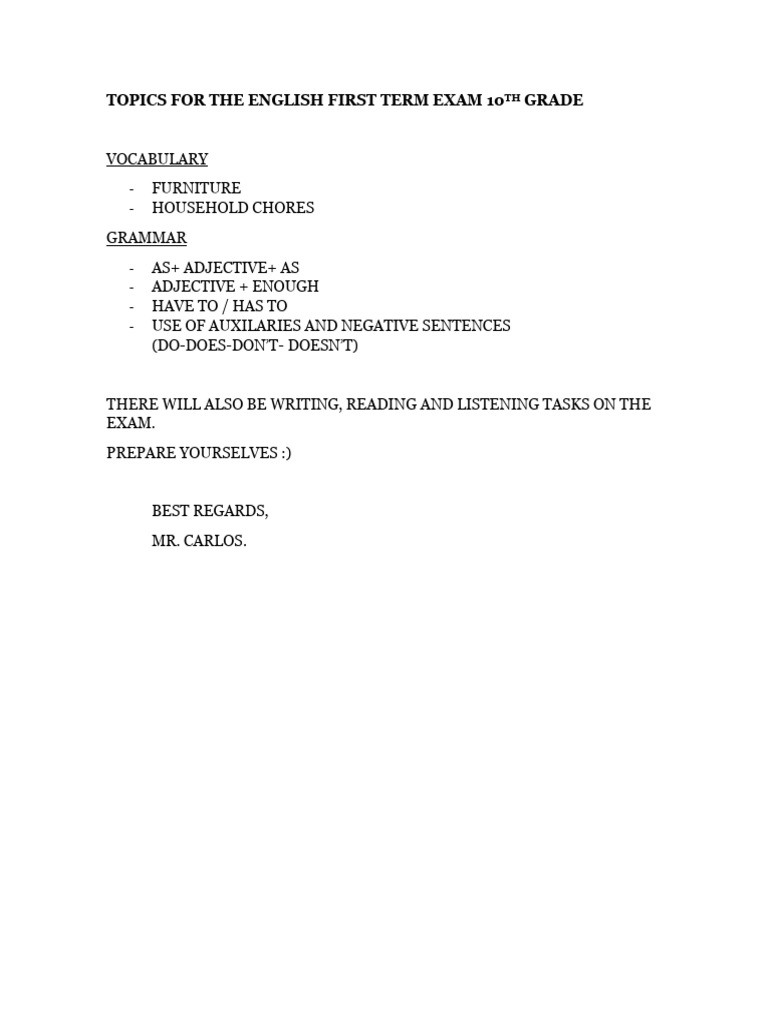 Topics For The English First Term Exam 10th Grade | PDF | Career ...