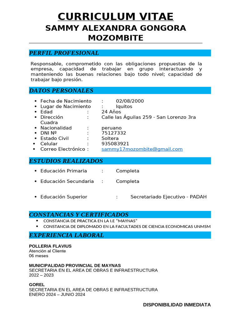 Sammy Alexandra Gongora Mozombite CV | PDF