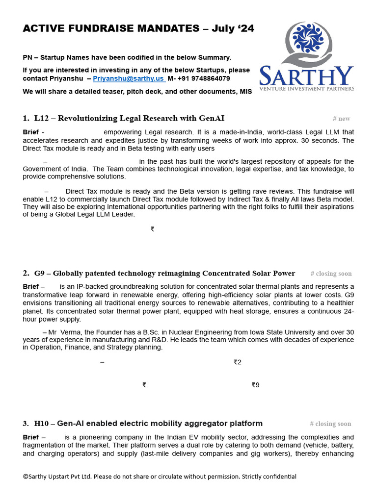 Active Fundraise Mandates July'24 v1 | PDF | Startup Company | Small ...