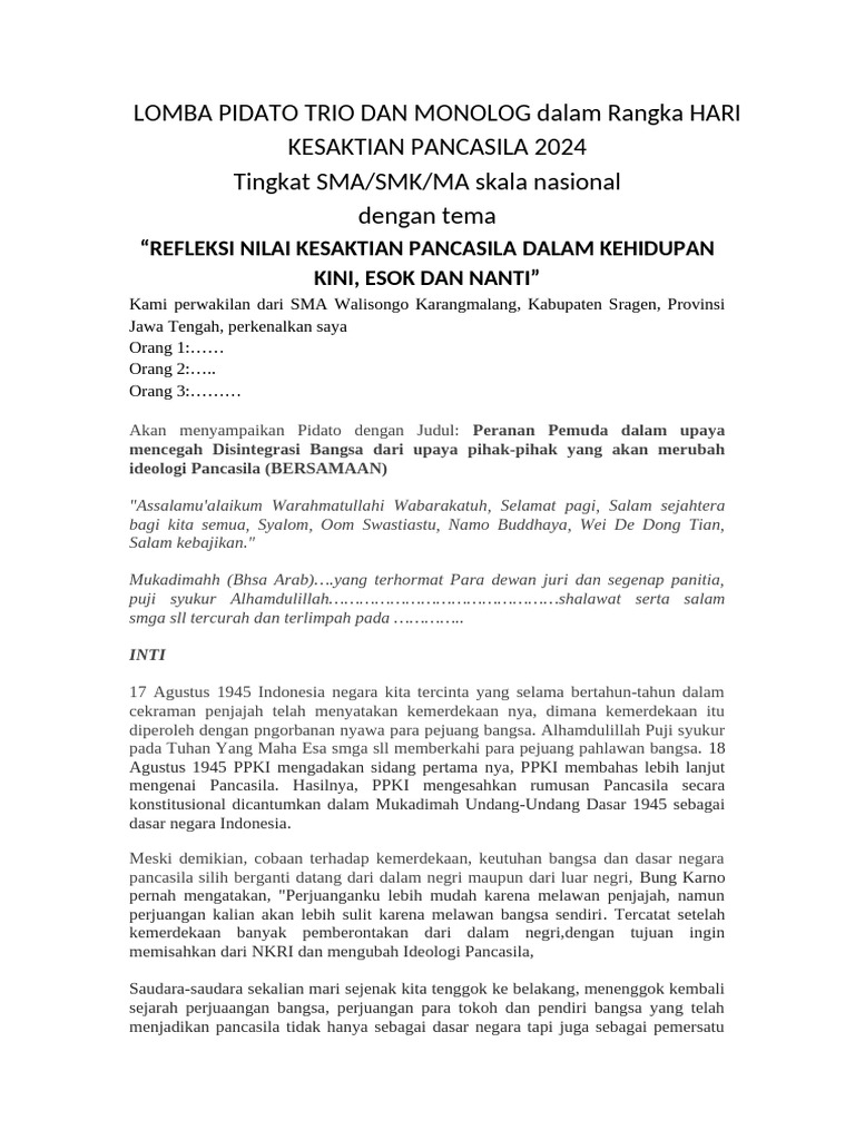 Pidato Pemuda: Jaga Pancasila Sakti | PDF