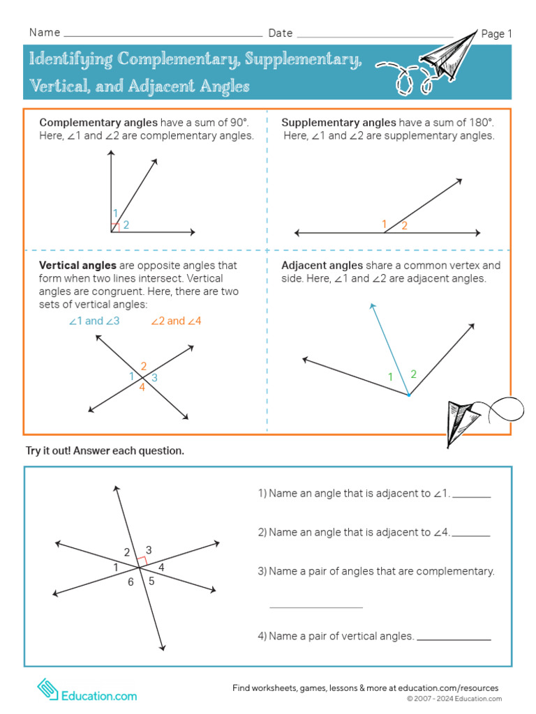 Identifying Complementary Supplementary Vertical And Adjacent Angles