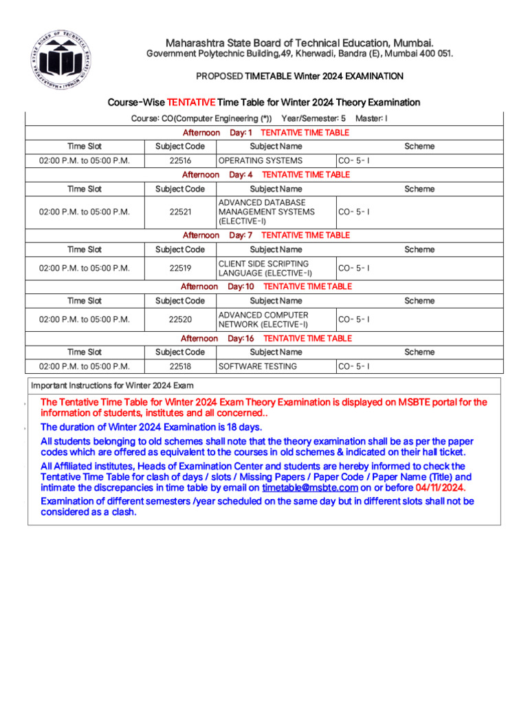 Winter 2024 Exam Timetable for CO Students | PDF | Computing