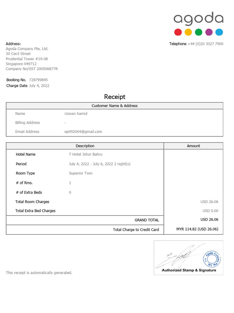 Agoda Booking ID 728799845 - RECEIPT Enclosed | PDF