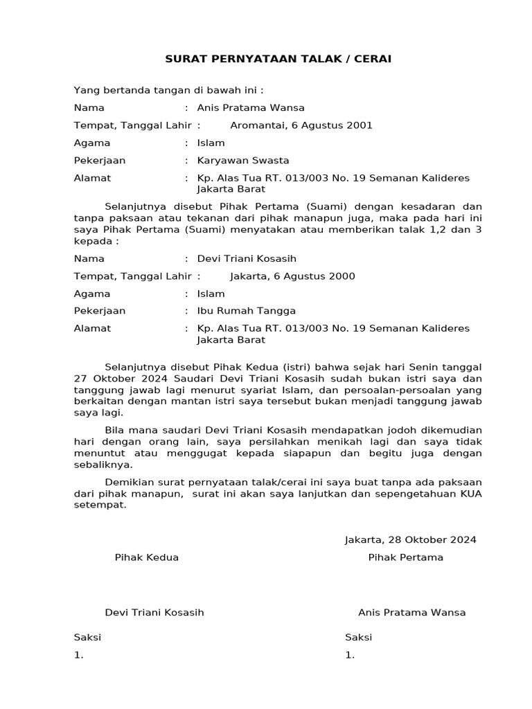SURAT PERNYATAAN TALAK Anis | PDF